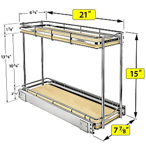 LYNK PROFESSIONAL® Élite™ Pull Out Spice Rack Organizer for Inside Kitchen Cabinets - 6"x21" - Slide Out Drawer – Wood/Chrome Sliding Spice Cabinet Organization Shelf Racks - 2 Tier