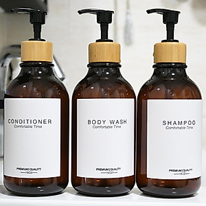 3-Pack Amber Plastic Pump Bottles, BPA-Free Refillable Dispensers for Shampoo, Conditioner, Soap & Oil, Bamboo Pump Head, 16.9oz (500ml)(Amber)