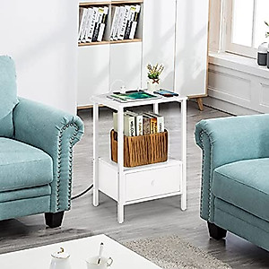 melos Side Table with Charging Station, Nightstand with USB Ports & Power Outlets, Narrow End Table with Drawer and Storage Shelf for Small Spaces, Bedside Tables for Bedroom, Living Room, White