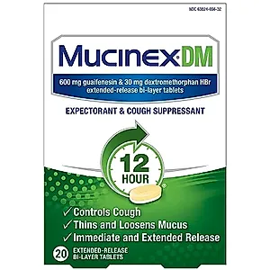 Mucinex Cough Suppressant and Expectorant, DM 12 Hr Relief Tablets, 20ct, 600 mg Guaifenesin, 30 mg Dextromethorphan HBr, Controls Cough and Thins & Loosens Mucus That Causes Cough & Chest Congestion