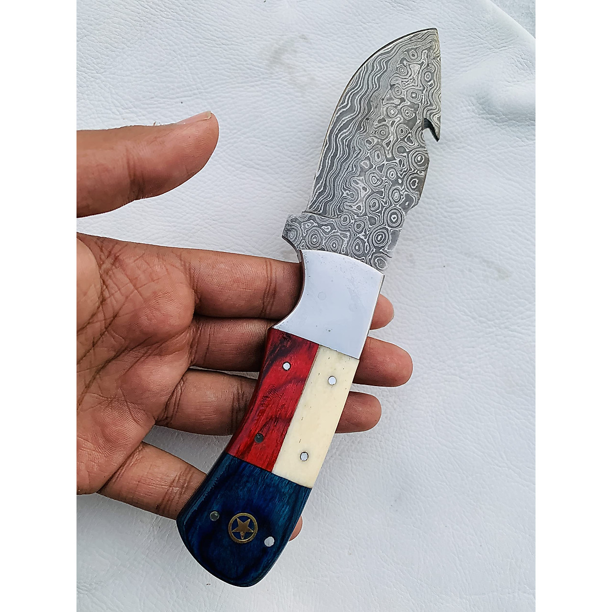 NUSHBA 012 Handmade Damascus Gut Hook Skinning Hunting Knife With Cow Brown Leather Sheath- Best Damascus Steel American Flag Handle Hunting Knife