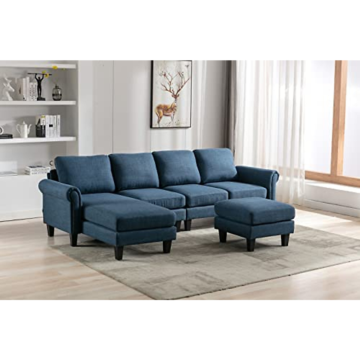 Olela U Shaped Modular Sectional Sofa for Living Room, Oversized Deep Seat Sofa Modern Linen Upholstered Sectional Couch with Chaise Lounge and Comfy Backrest (Navy)