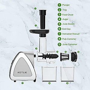 Juicer Machines,KOTLIE Juicer,Easy to Clean,Cold Press Juicer,Juicer Machines Vegetable and Fruit,High Juice Yield Slow Juicer,Slow Juicer with Two Special Container,Brush,Silver Juice Extractor
