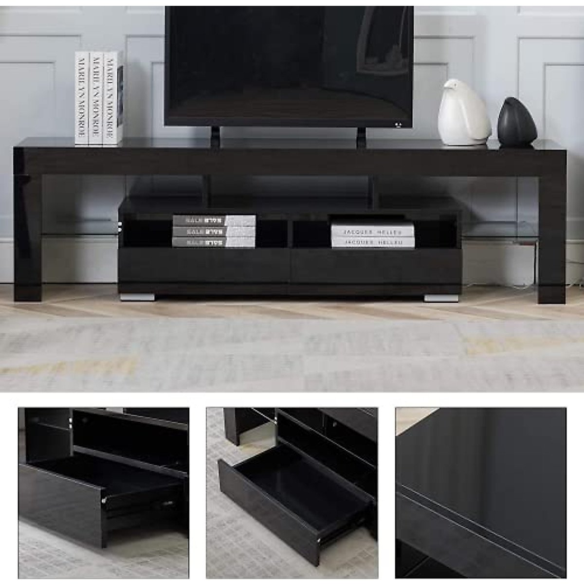 Bonzy Home LED TV Stand for 65 Inch TV Entertainment Center Black TV Stand with 16 Colors RGB Light and RF Remote Control Modern TV Media Console for Living Room Bedroom