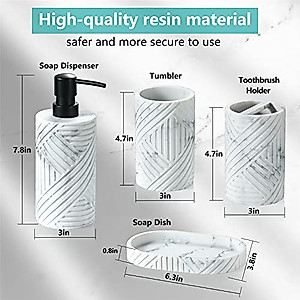 Bathroom Accessories Set 4 Pcs Marble Look Resin Vanity Counter Countertop Accessory Sets Soap Dispenser Dish Toothbrush Holder Restroom Apartment Decor Stuff Kits Women Men Gift White