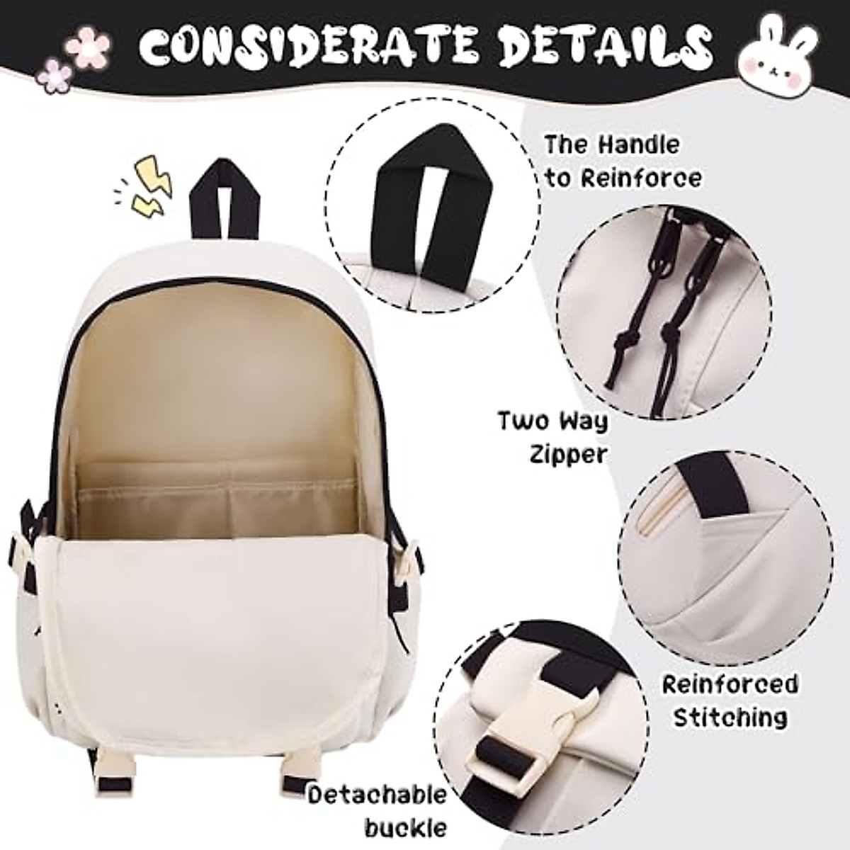 Unineovo Kawaii School Backpack with Cute Pin and Accessories, Large Capacity Aesthetic School Bags Cute Bookbag for Girls Teen (Black)