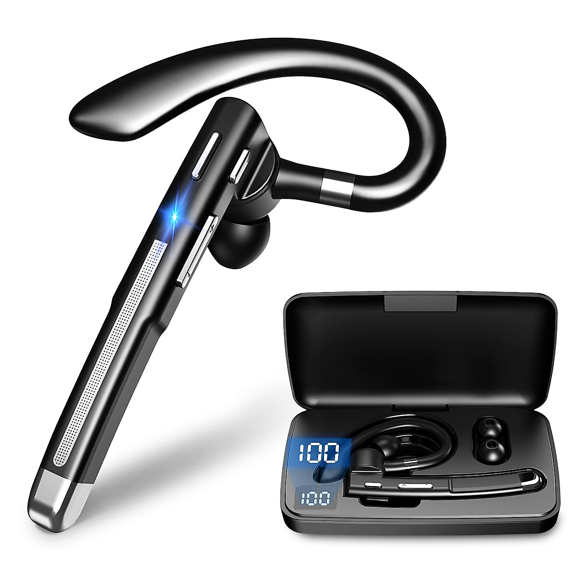 Bluetooth Earpiece for Cell Phones Wireless Headset with Charging Case and LED Intelligence Display,10h Talking Time Handsfree Earphones with Dual-mic Noise Cancelling for Office Conferencing Outdoor
