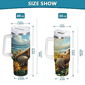 Slewiaeky Tumbler with Handle 40 oz Turtle Ocean Kawaii Travel Mug with Lid and Straw Sunflower Stainless Steel Vacuum Insulated Water Bottle Cup for Iced Tea Coffee Cold Beverages Cup Holder Friendl