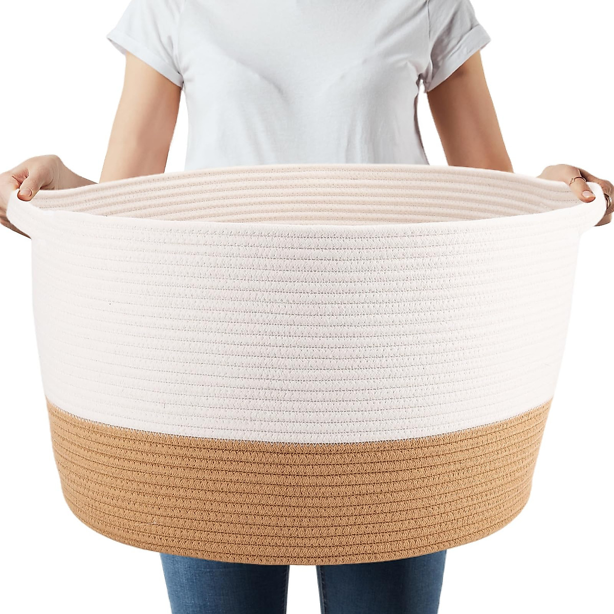 Woven Basket with Handle Cotton Rope 20'' x 13'' Blanket Toy Storage Basket for Living Room Large Laundry Baskets