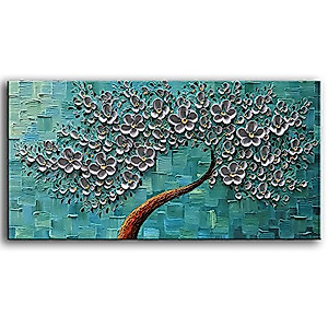 YaSheng Art - 100% hand painted Oil Painting On Canvas Texture Palette Knife silver Flowers Paintings Modern Home Decor Wall Art Painting 3D Abstract Artwork Paintings (20x40inch)
