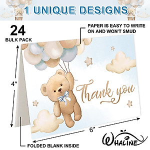 Whaline 24Pcs Bear Thank You Cards Watercolor Bear Balloon Greeting Cards with Envelope Stickers Cartoon Blank Note Cards for Birthday Wedding Baby Shower Party Supplies, 4 x 6 Inch
