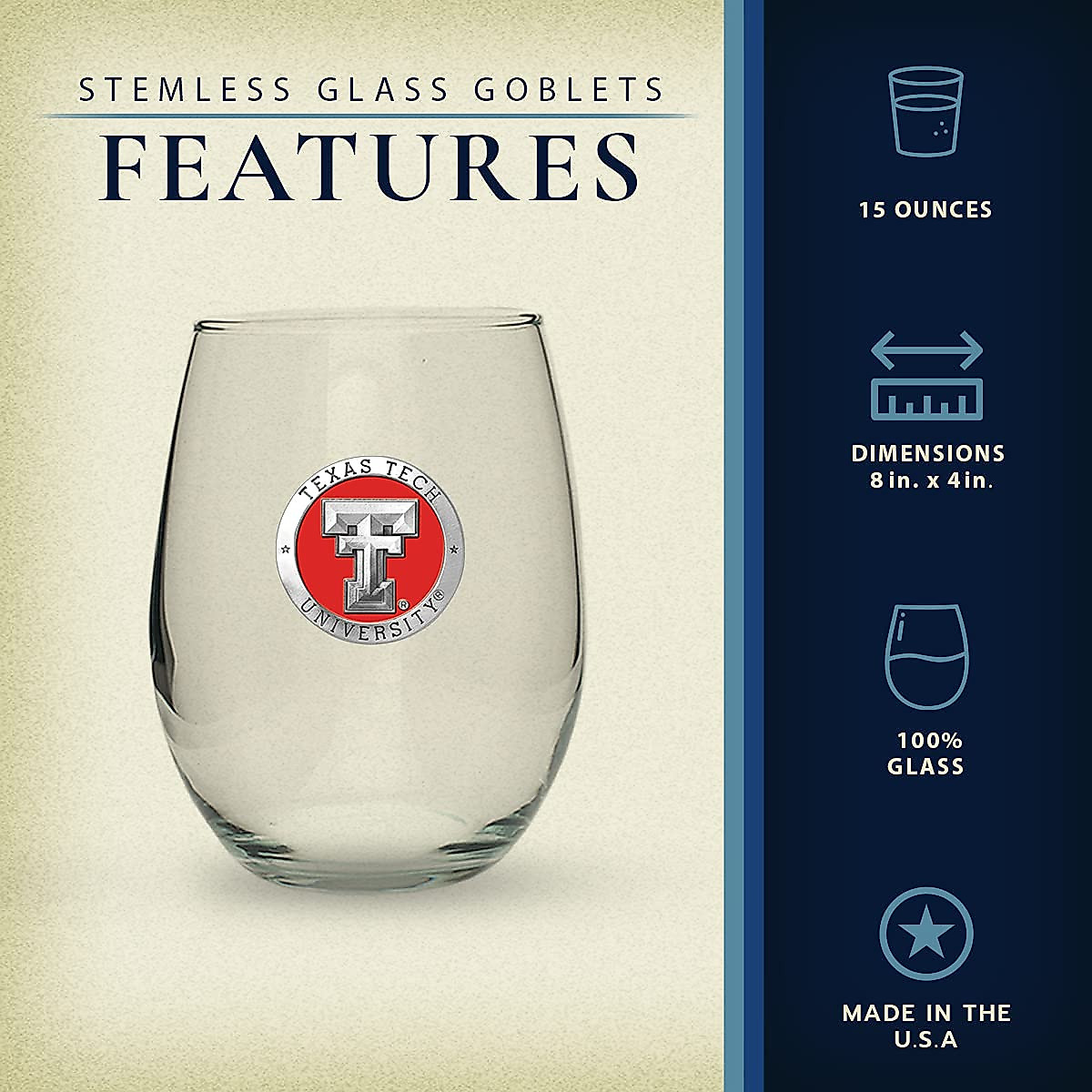 Heritage Pewter Texas Tech Red Raiders Stemless Glass Goblets – Set of 2 | 15 OZ Goblet Wine Glasses | Expertly Crafted Pewter Glass