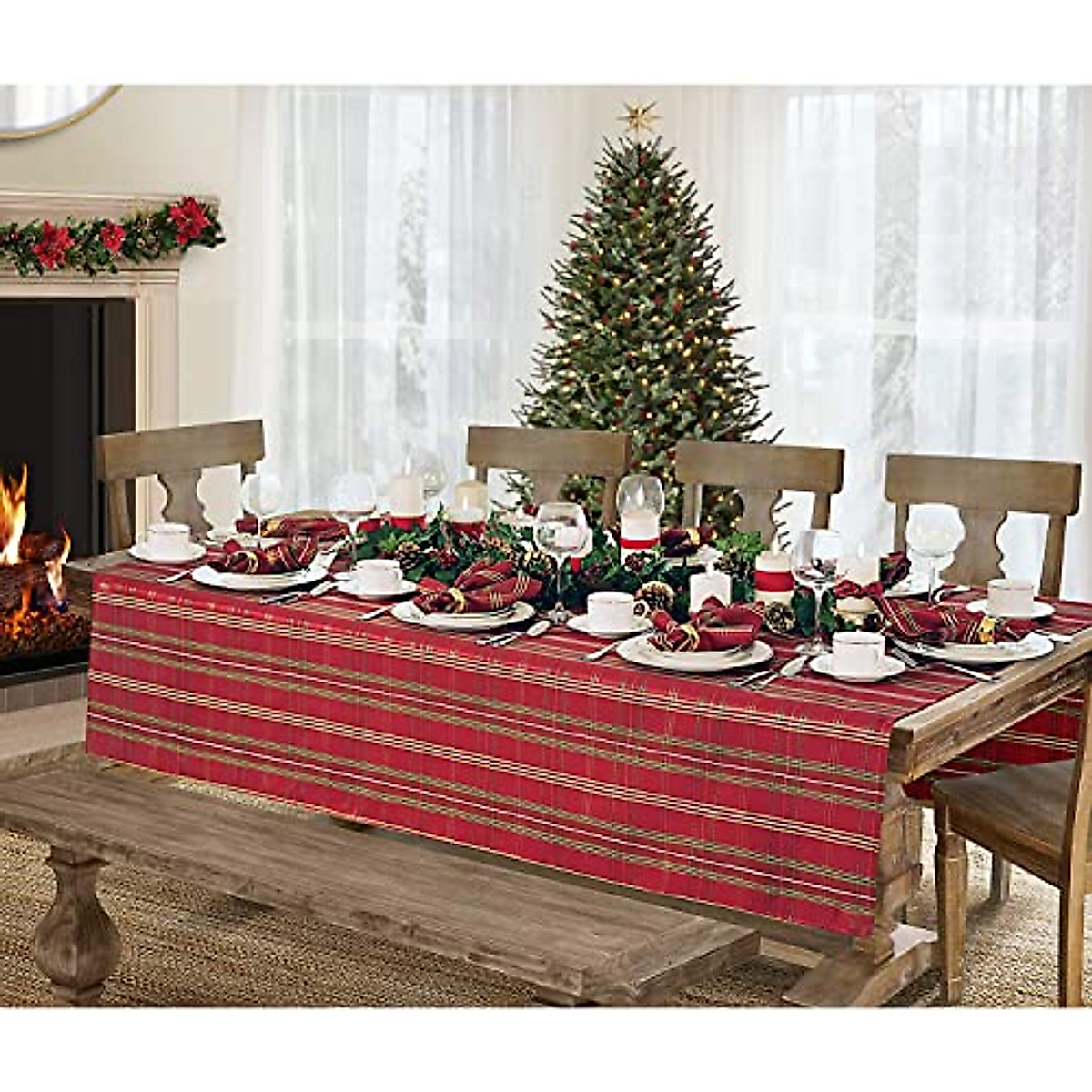 Newbridge Shimmering Plaid Metallic Christmas Fabric Tablecloth, Glitter Xmas Weave Holiday Cloth Tablecloth (8 Piece Napkin Set)