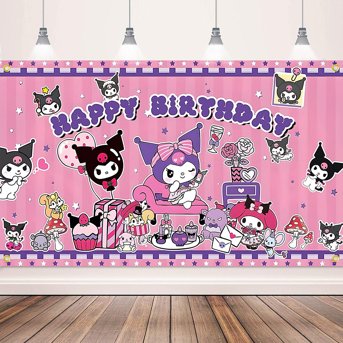 Kuromi Birthday Party Supplies, Party Decorations Set Include Banner, Backdrop, Balloons, Hanging Swirls, Cake Cupcake Toppers, Tablecloth for Girls Kuromi Theme Party