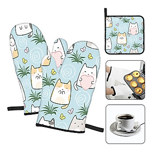 Mxocom Cute Cats Butterfly Oven Mitts and Pot Holders Sets of 3 BBQ Gloves for Kitchen,Cooking,Baking,Grilling Resistant Hot Pads for Women