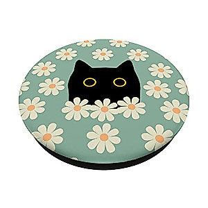 Floral Retro Aesthetic Cute Black Cat Hiding In Daisy Flower PopSockets Swappable PopGrip