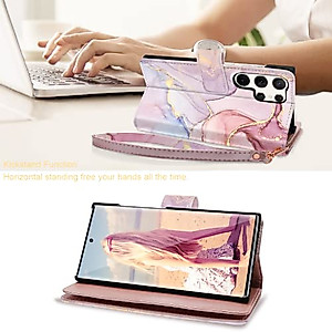 Fingic Galaxy S23 Ultra Wallet Case, 9-Card Holder, Detachable Strap, Rose Gold Marble, PU Leather, 5G (6.8")