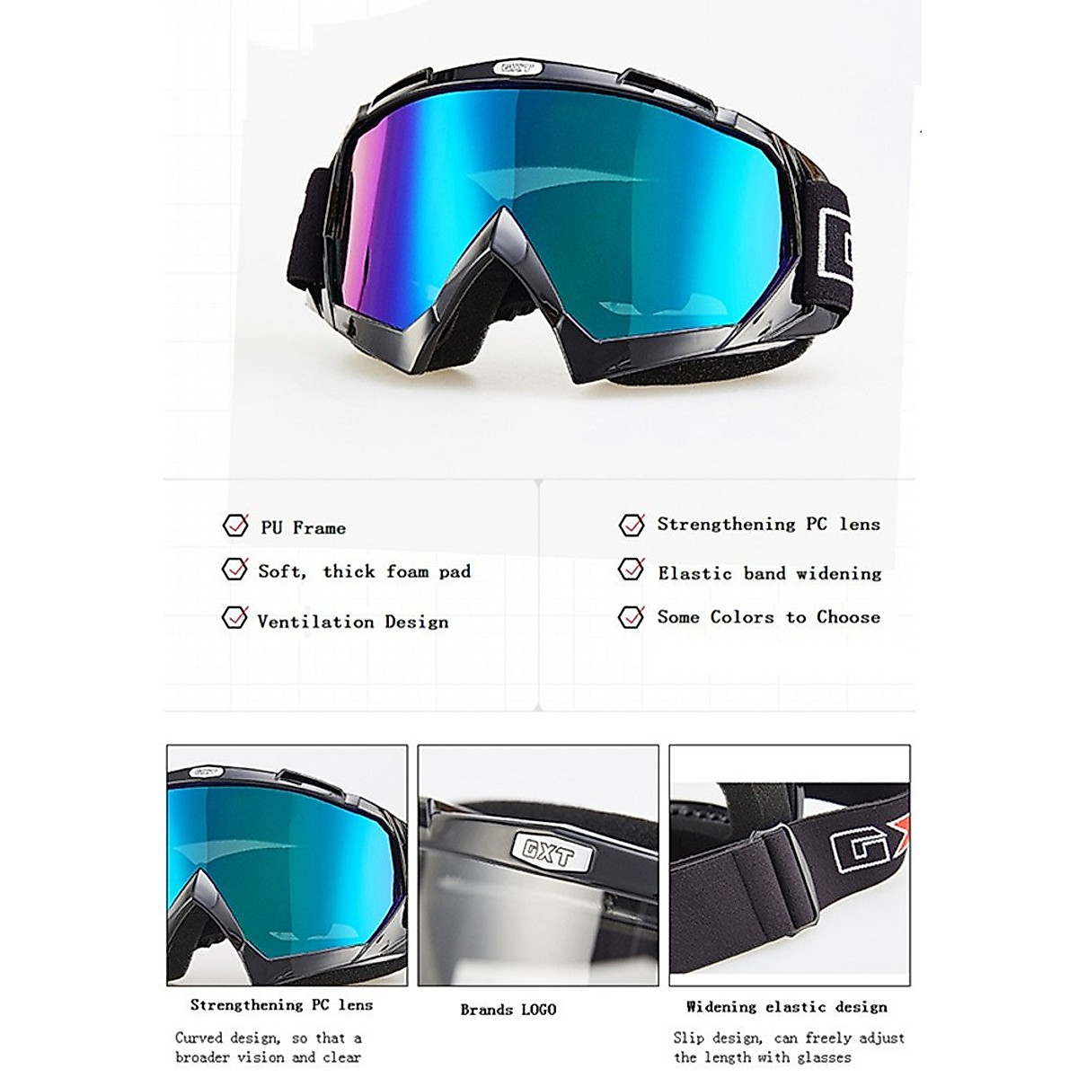 Wonzone Off Road Riding Motorcycle Goggles Windproof Snowboard Ski Goggles Eyewear Adjustable UV Protective Outdoor Glasses Motorcycle Cross-country Goggles (Black Frame White Dot, Rainbow)