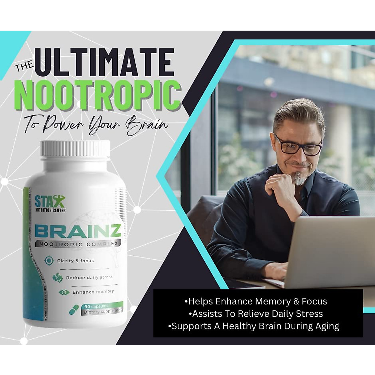 Stax Brainz Nootropic Brain Supplement, Brain Booster - Memory Supplement for Brain Function, Memory and Focus - Memory Pills to Help Reduce Daily Stress, Support Brain Health Mind Clarity - Alpha GPC