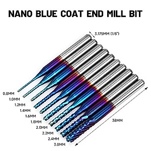 40pcs End Mills CNC Router Bits, 1/8 inch(3.175mm) Shank CNC Milling Carving Bit Set Including 2-Flute Flat & Ball Nose Spiral Bits, Nano Blue Coat & Titanium Coat End Mill, Suitable for ER 11 Collet
