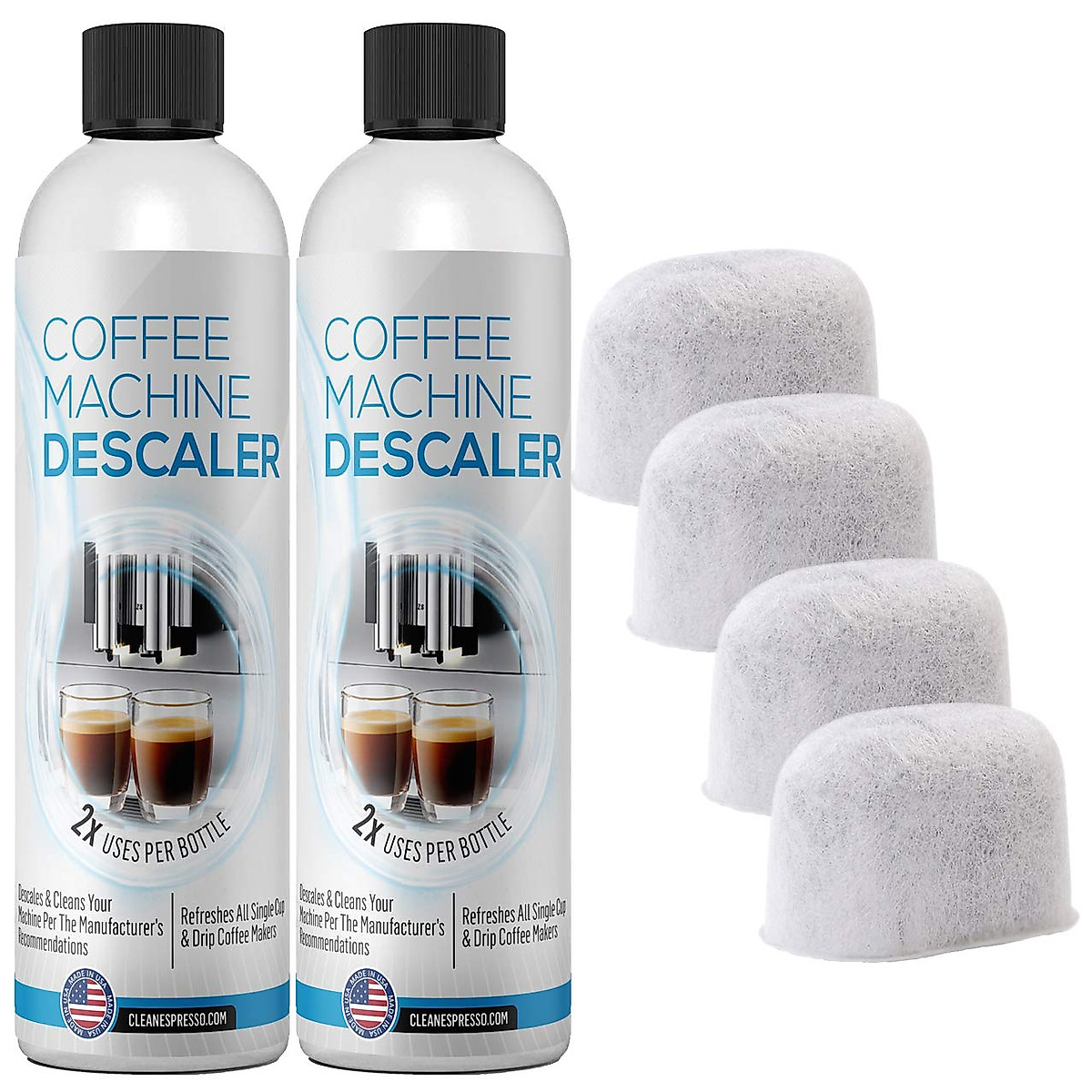 Keurig Compatible Descaling Solution (2 Bottles, 4 Uses Plus 4 Filters) - Universal Descaler Cleaner Concentrate Kit Compatible With All Keurig 1.0 & 2.0 K-Cup Pod Machines and Espresso Machines