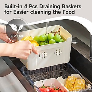 banmagately Airtight Fruit Storage Containers for Fridge, Portable Refrigerator Organizer Bins with 4 Removable Fruit Drainer Containers, BPA-Free Produce Saver for Fruits and Veggies (White)