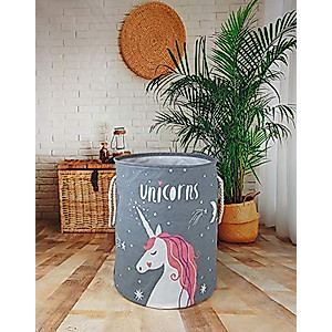 VAIVUSTO Round Laundry Basket Waterproof Canvas Large Clothes Basket Laundry Hamper with Rope Handles Cute Cartoon Kids Nursery Hamper for Kids Room Toy Storage Girls Room Decor (Gray Unicorn)