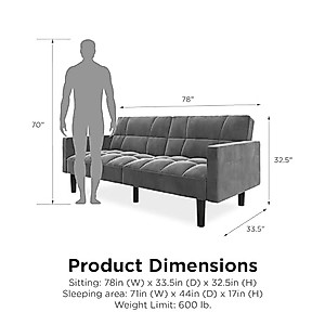 DHP Hayden 78 Inch Futon Sofa Bed in Microfiber, Upholstered Couch Sleeper with Tufted Back and Seat, Mid-Century Modern, Gray