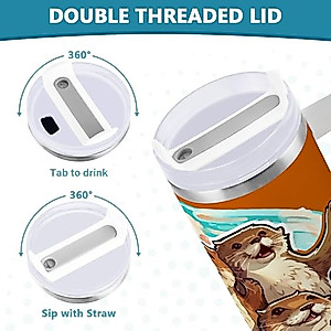 Exnundod 40 oz Tumbler with Handle Cartoon Sea Otters Insulated Stainless Steel Cup with Lid and Straw Travel Cup Leak-proof Fits in Car Cup Holder for Iced & Hot
