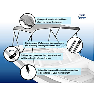 Pactrade Marine Boat 3 Bow Big Bimini Top Canopy Cover UV Waterproof Grey Canvas 600D Oxford Fabric PU Coating Aluminum Poles Straps