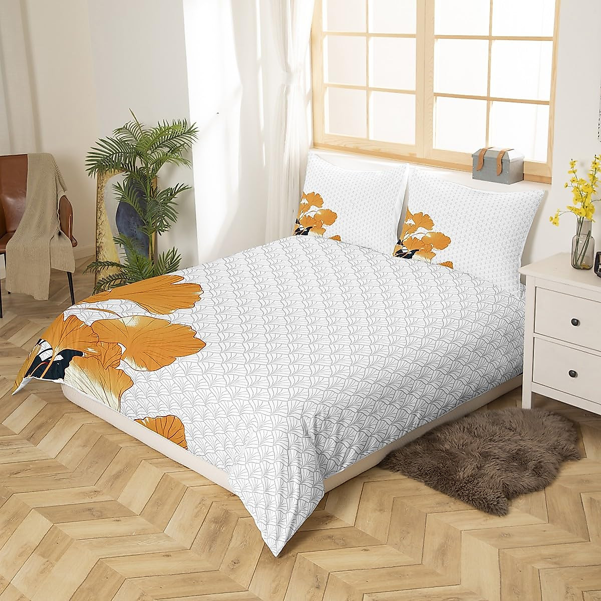 Ginkgo Leaf Bedding Set for Girls Boys Golden Leaf Pattern Comforter Cover Tropical Leaves Duvet Cover Room Decor Ginkgo Leaves Bedspread Cover Full Size Bedding Collection 3Pcs (No Comforter)