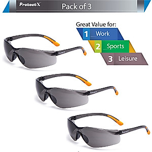 ProtectX 3-Pack Tinted Safety Glasses for Men, Safety Sunglasses with Anti-Fog Scratch Resistant Wrap-Around Smoke Lenses, Non-Slip Orange Rubber Grips, ANSI Z87.1 Rated
