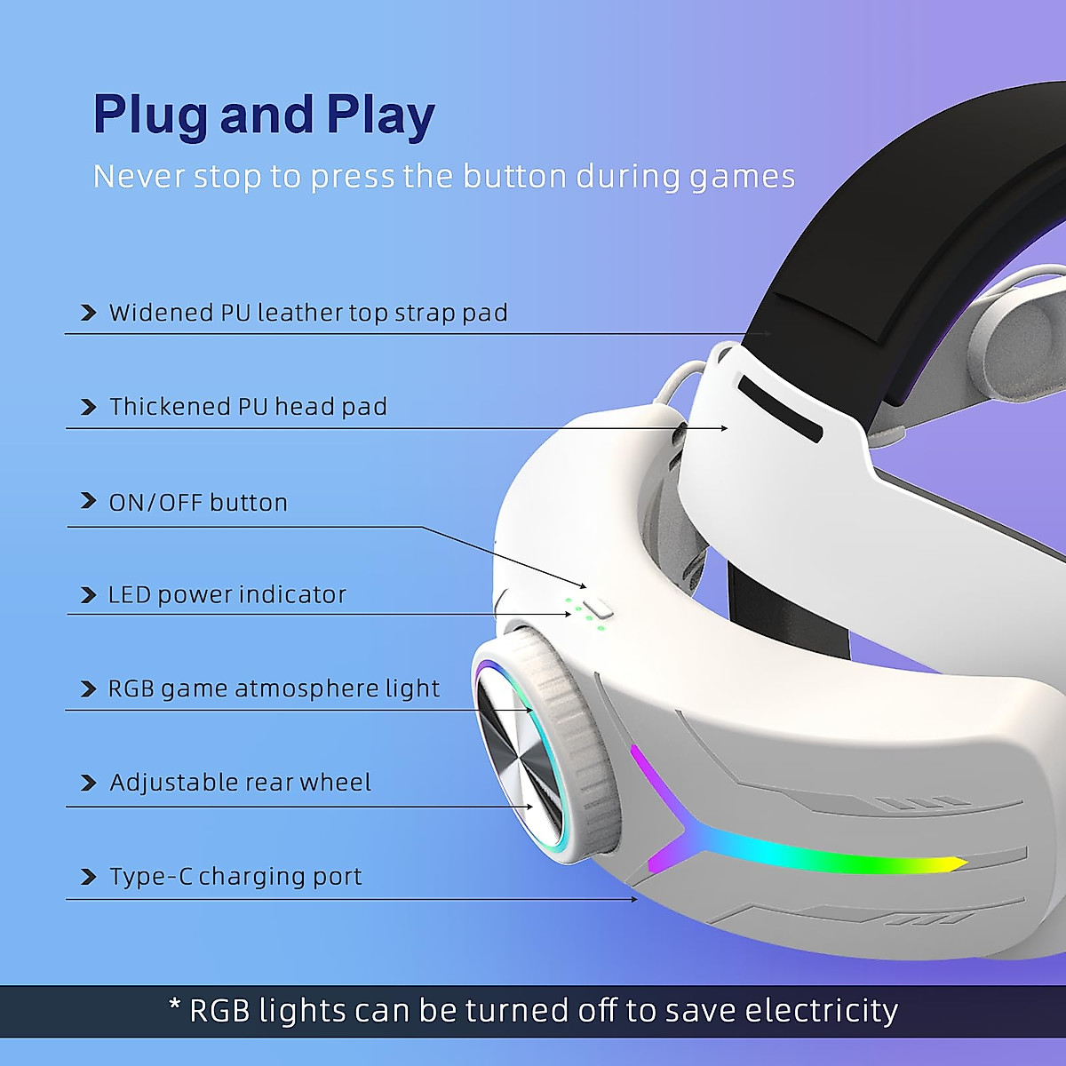QWOS RGB Comfort Battery Head Strap 8000mAh Compatible with Meta Quest 3 Accessories, 20W Fast Charging, Extend 8hrs Playtime, Adjustable Battery Elite Strap for Enhanced Support and Balance in VR