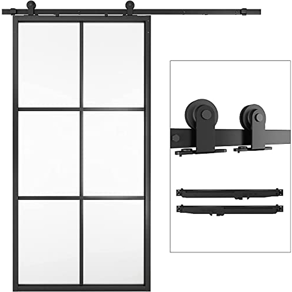 BARNSMITH 42in x 84in Frosted Glass Barn Door with 7FT Top Mounted Hardware kit Soft Close Mechanism DIY 6 Lites Tempered Glass Modern Aluminum Sliding Door Disassembled Easy Installation KDA03