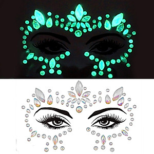 2 Pack Halloween Glow in the Dark Face Jewels Crystal Glitter Stickers, Luminous Tattoo Face Day Of The Dead Face Gems Jewels Tattoos