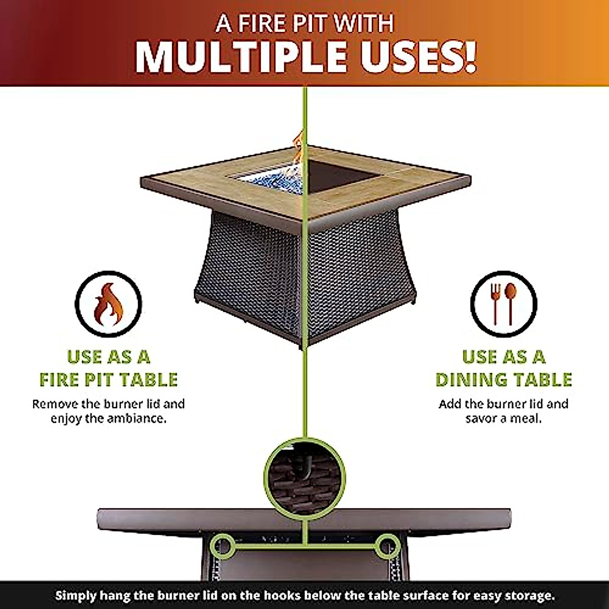 Kinger Home Elio Rattan 42-Inch Outdoor Patio Propane Gas Fire Pit Table with Tile Tabletop, CSA Certified 50,000 BTU Firepit, Brown Aluminum Frame