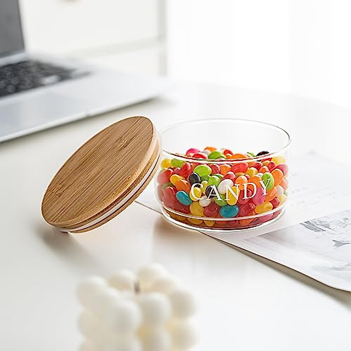 Glass Candy Dish with Bamboo Lid Small Candy Bowl Decorative Cookie Jar Clear Salad Bowl Buffet Storage Container for Home Kitchen Coffee Table Office Desk and Party Wedding ( Diameter: 4.33 Inch )
