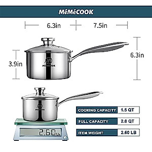 MÉMÉCOOK 2 Quart Saucepan With Lid, Stainless Steel Pot, Sauce Pan, Cooking Pot, Saucepans Full Body Tri-Ply 18/8 Food Grade, Stainless Steel Pots, Small Saucepan, Small Pot, Small Pots For Cooking
