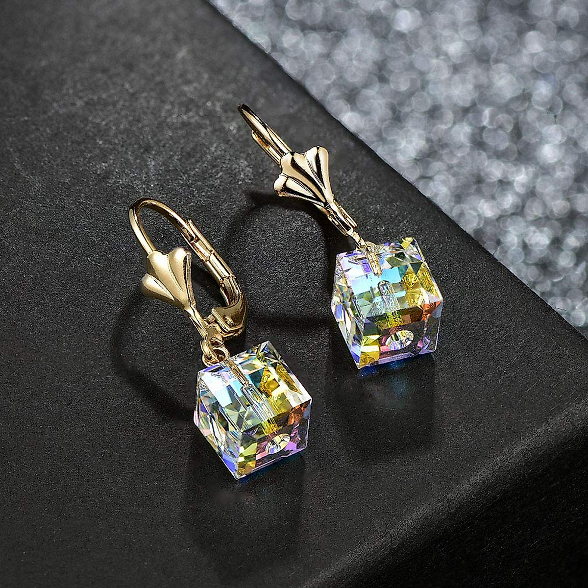 Austrian Crystal Cube Drop Earrings for Women Leverback Dangle Earrings 14K Gold Plated Hypoallergenic Jewelry (Aurora Borealis)