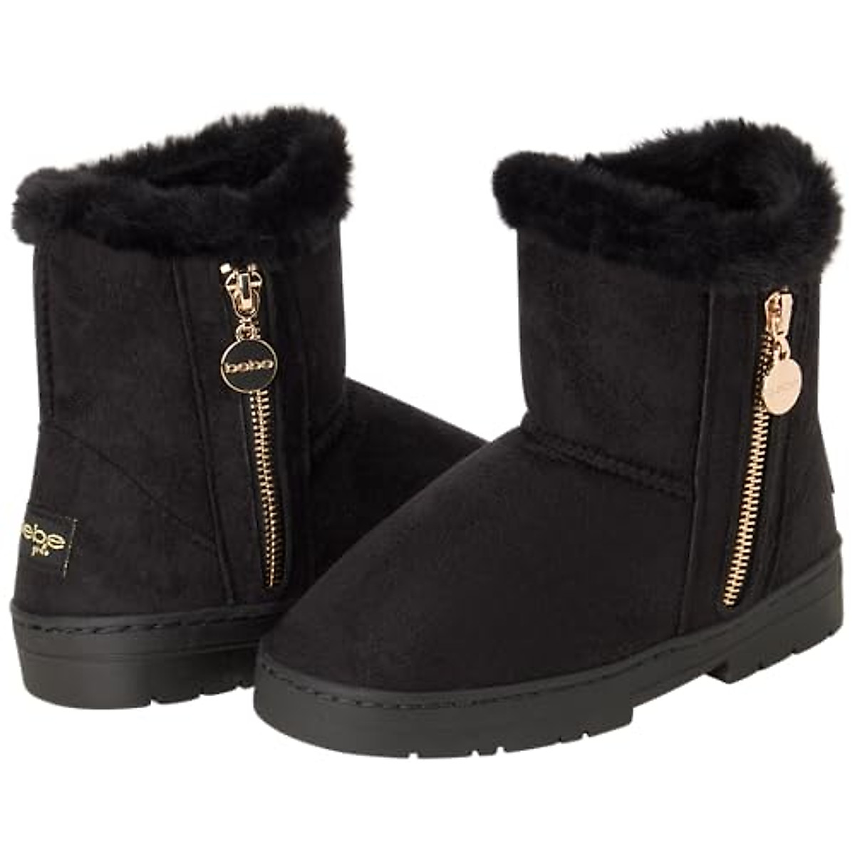 bebe Girls' Winter Boots - Faux Shearling Booties with Charm Side Zip - Boots for Girls - Fuzzy House Shoe Slippers (11-4), Size 1 Little Kid, Black