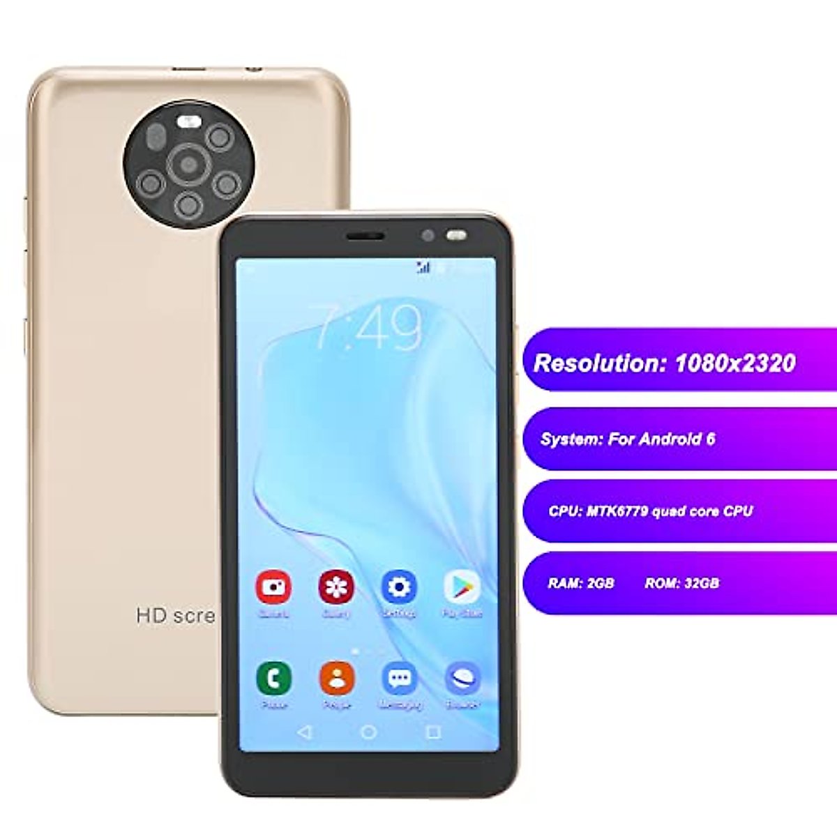 5.45 Inch Screen Dual Sim Mobile Phone, MTK6779 Quad Core CPU 3 Card Slots ABS Smooth Running Speed Unlock Smartphone for Playing Games (Gold)