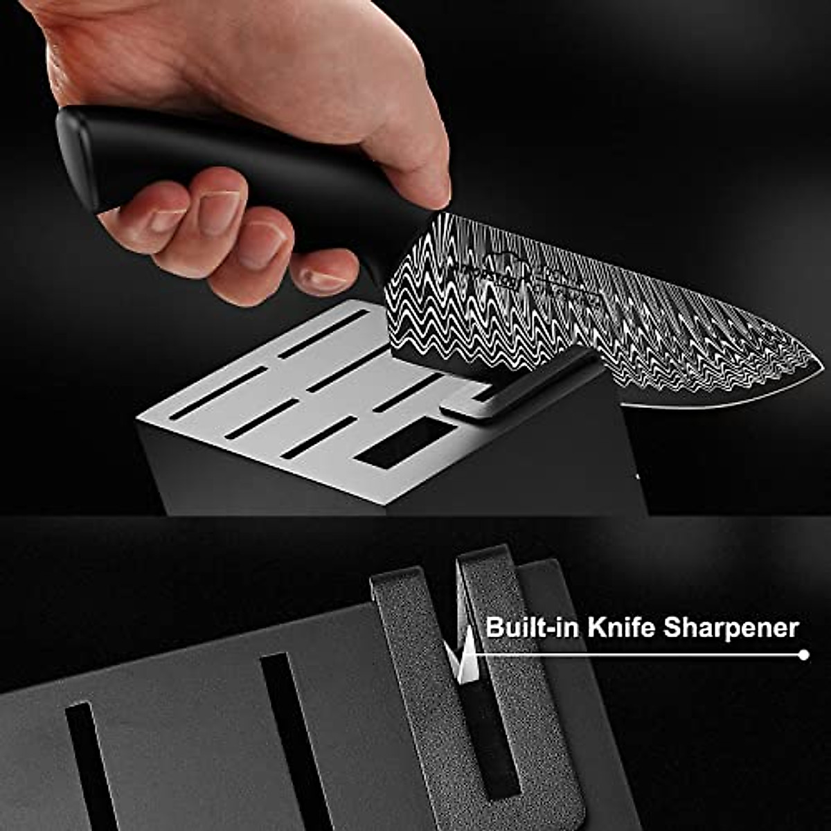 Knife Set, 15 Pieces Damascus Kitchen Knife Set with Built in Knife Sharpener Block, Dishwasher Safe, German Stainless Steel Knife Block Set