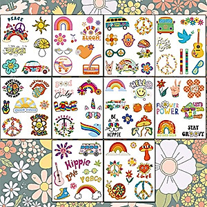 Ooopsiun Hippie Temporary Tattoos for Kids - 70 Styles,Groovy 70s Peace and Love Flower Power Birthday Party Favors for Boys Girls