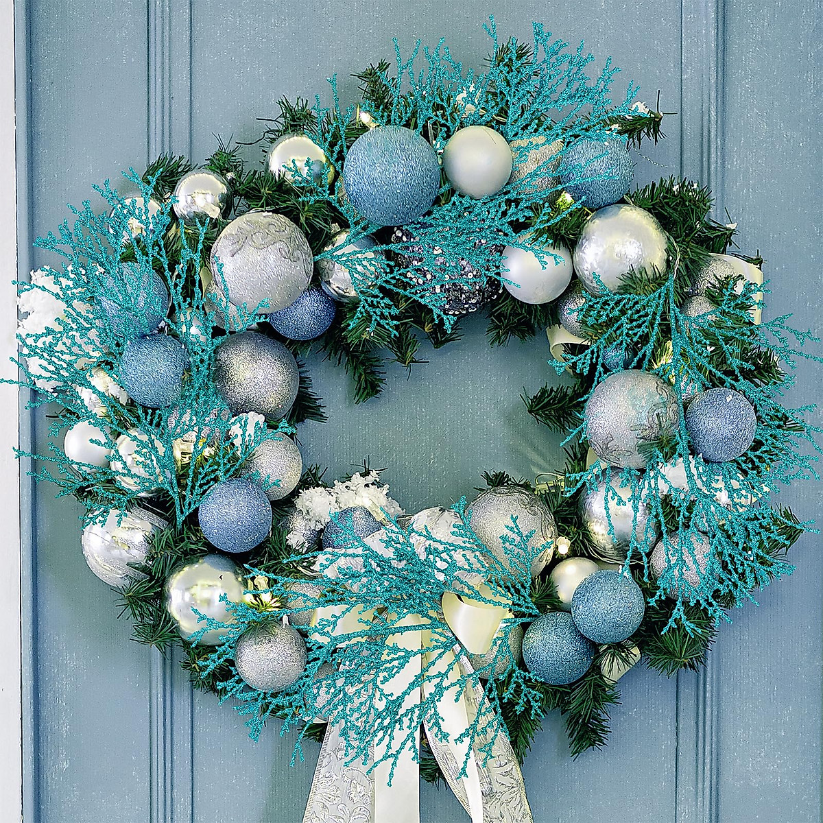 Winlyn 15 Pcs Teal Glitter Artificial Cedar Picks Sprays Christmas Floral Picks Faux Cedar Branches Stems Teal Christmas Tree Picks 15.4" H for Floral Arrangement Wreath Swag Winter Centerpiece