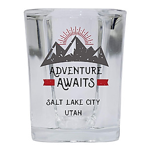 R and R Imports Salt Lake City Utah Souvenir 2 Ounce Square Base Liquor Shot Glass Adventure Awaits Design