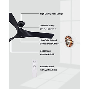 VONLUCE 52" Industrial Ceiling Fan No Light with Remote Control, Mid Century Ceiling Fans with 3 Walnut ABS Blades, Indoor Ceiling Fan for Kitchen Bedroom Living Room, Black
