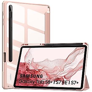 MoKo Case Fits Samsung Galaxy Tab S8 + 12.4 2022 (SM-X800/X806) / Tab S7 FE 12.4-Inch 2021 / Tab S7 Plus 12.4 2020 with S-Pen Holder, Transparent Back Tablet Cover with Auto-Wake, Rose Gold