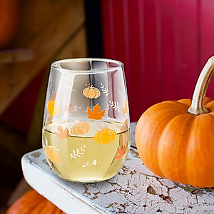 C.R. Gibson QWG2O-24065 Fall Leaves and Pumpkins Acrylic Stemless Wineglass for Thanksgiving and Friendsgiving, 12 fl. Oz.