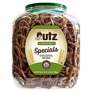 Utz Sourdough Specials Pretzels, Original, 63 oz. Barrel, Classic Pretzel Knot with Rich Sourdough Flavor, Resealable Container, Tasty Party Snack with Zero Cholesterol