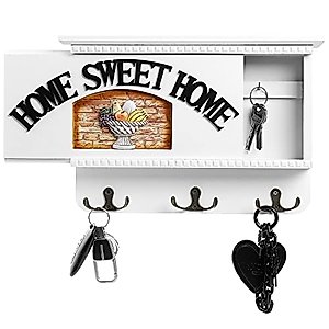 HRONRAD Farmhouse Key Holder for Wall Decorative, Home Sweet Home Decor, 3 Double Metal Key Hooks and 4 Hidden Push & Pull Cover Key Hangers, Rustic Wooden Wall Mounted Key Racks for Entryway (White)